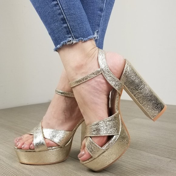 Shoes | Metallic Gold Open Toe Platform Heels | Poshmark